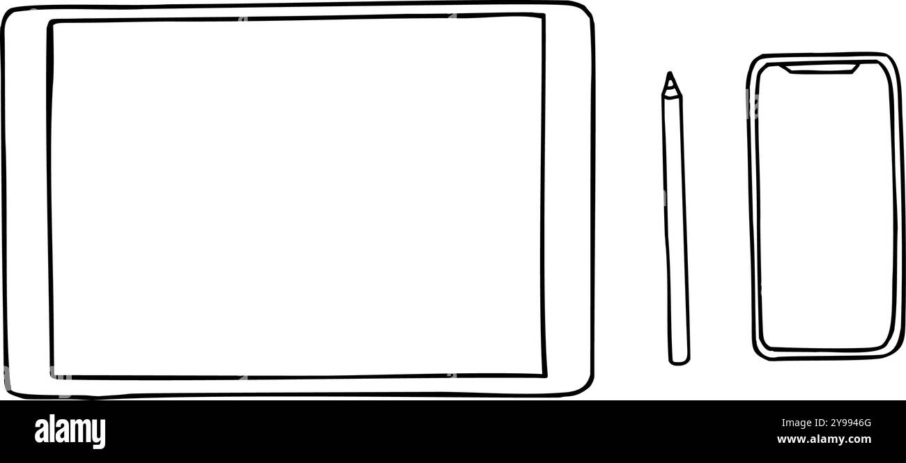 Monochrome smartphone and tablet with touchscreen, stylus vector sketch ...
