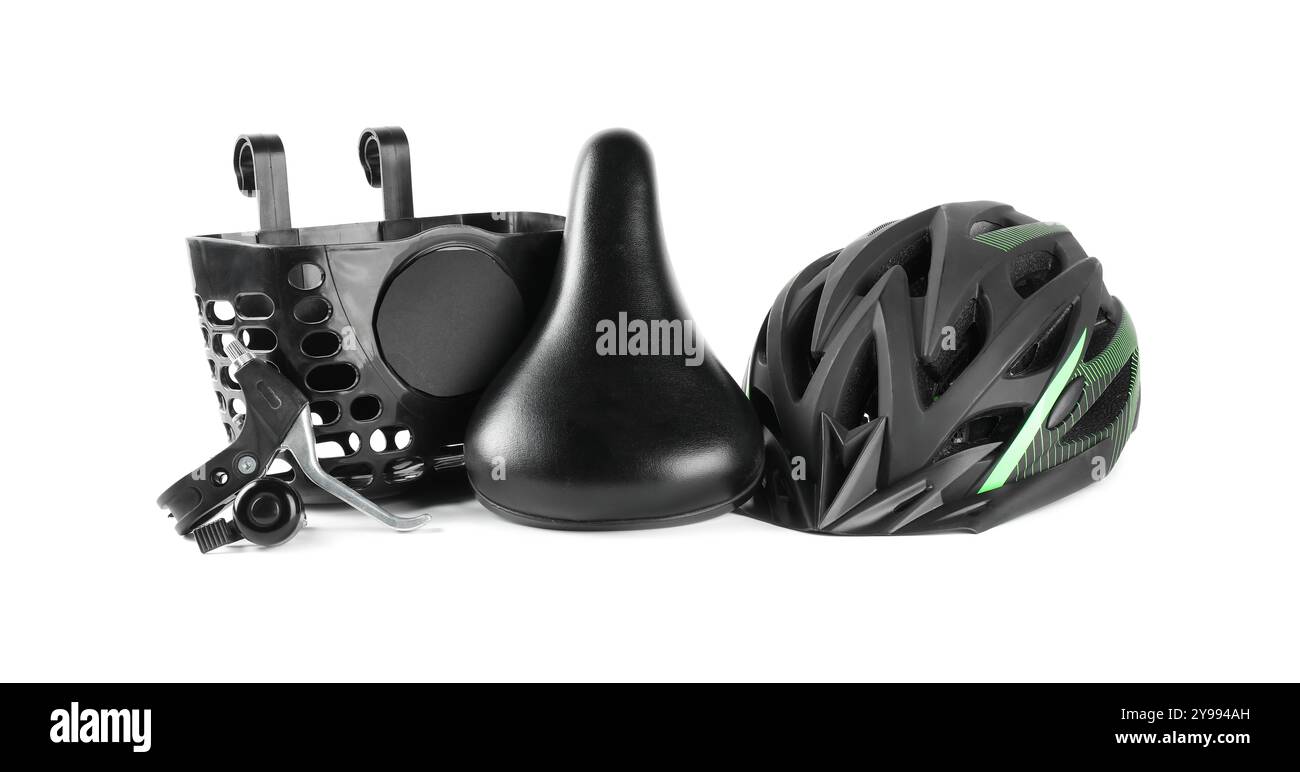 Parts of bicycle and helmet isolated on white Stock Photo - Alamy