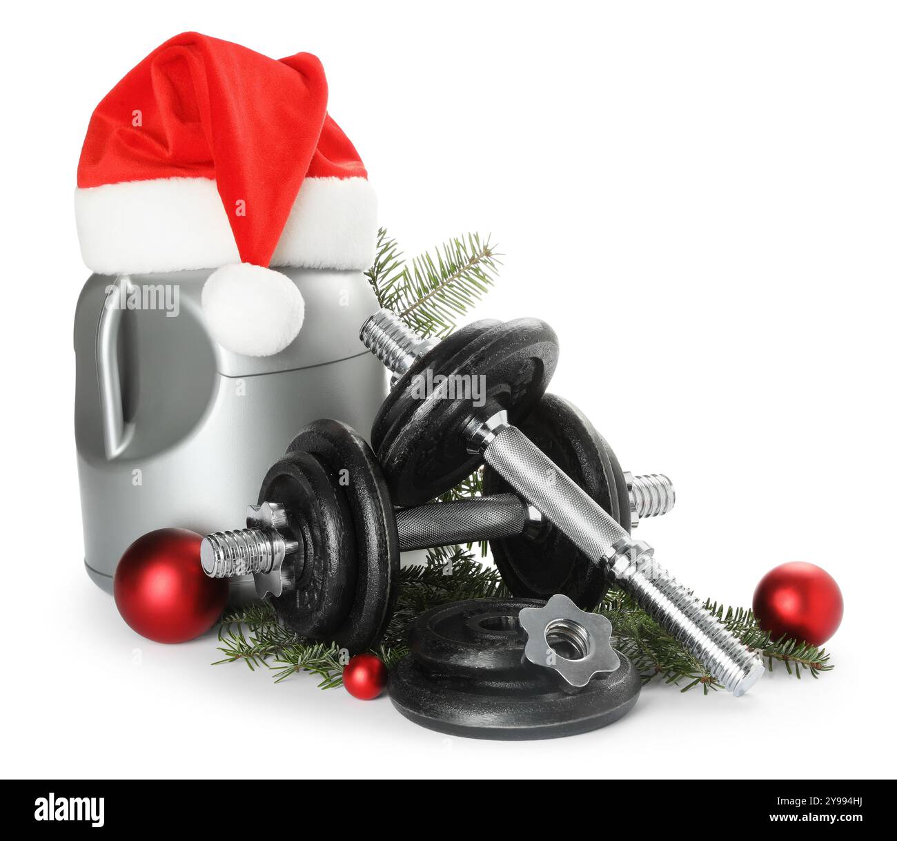 Dumbbells, container with supplement and Christmas decor isolated on ...