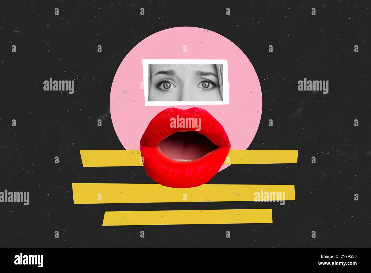 Composite photo collage of shocked girl half face confused eyes part ...