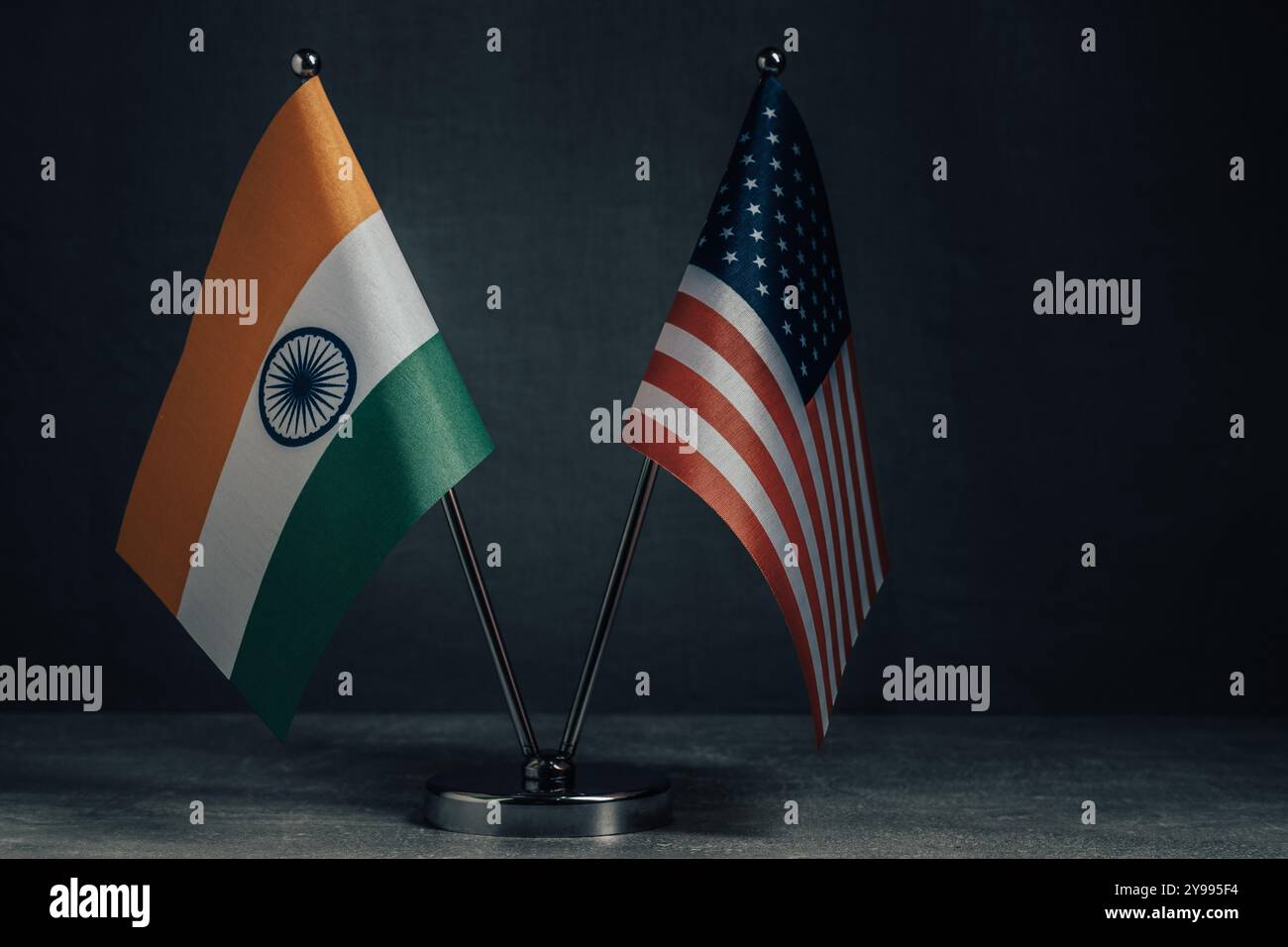 Table flag United States America and National Flag India on dark ...