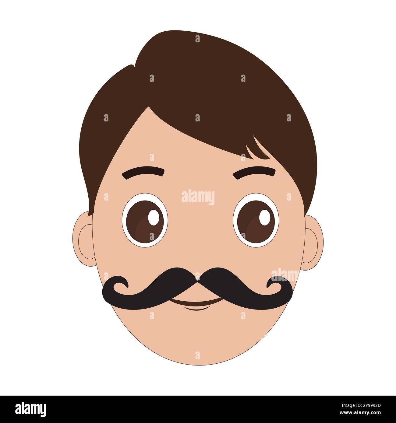 Illustration of a cartoon man is face with mustache and big eyes, brown ...