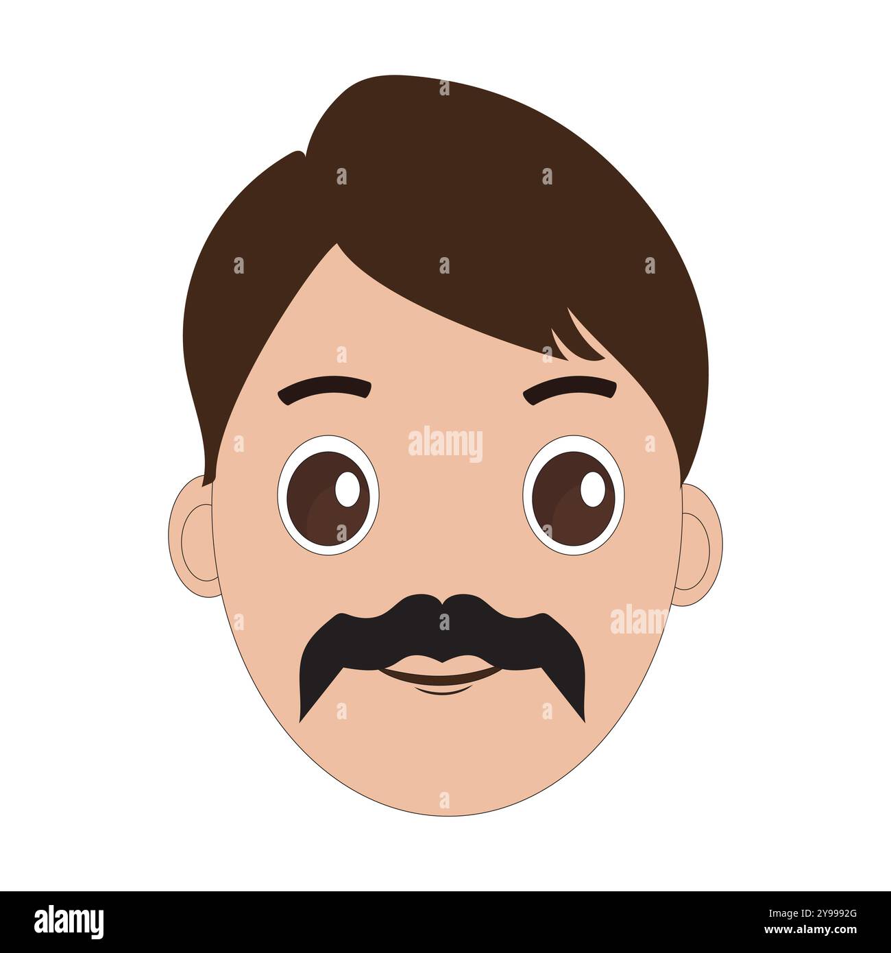 Illustration of a cartoon man is face with mustache and big eyes, brown ...