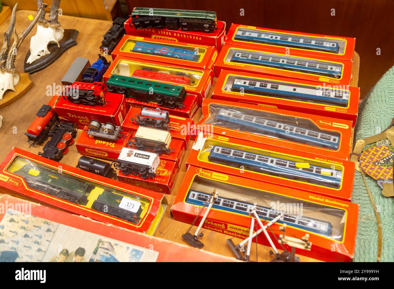 Boxes of Tri-ang Hornby toy railway set carriages and train engines on ...