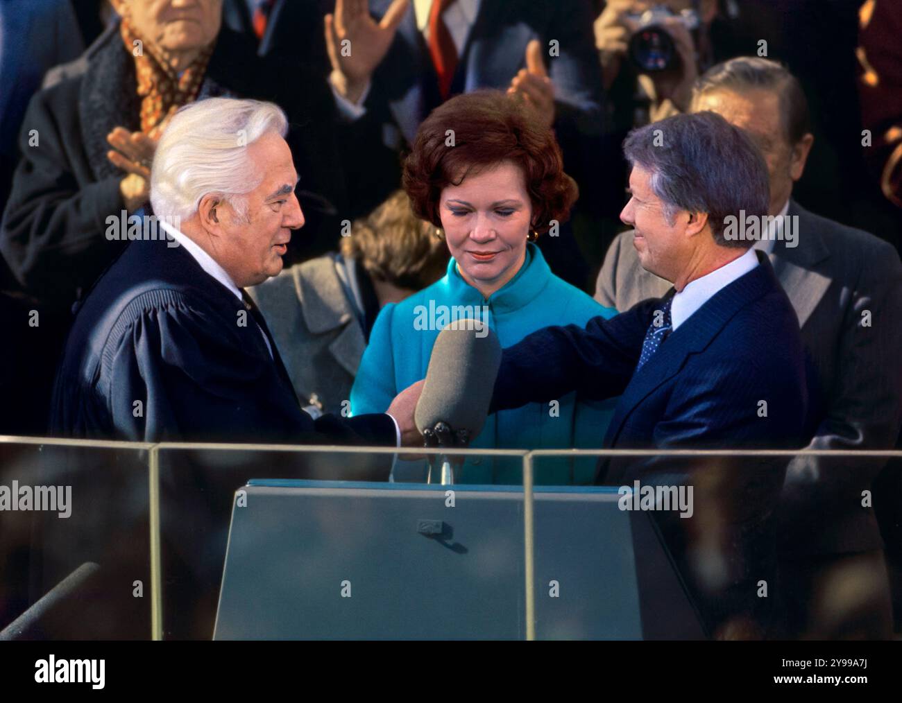 President Jimmy Carter and First Lady Rosalynn Carter at his swearing in on Inauguration Day ...
