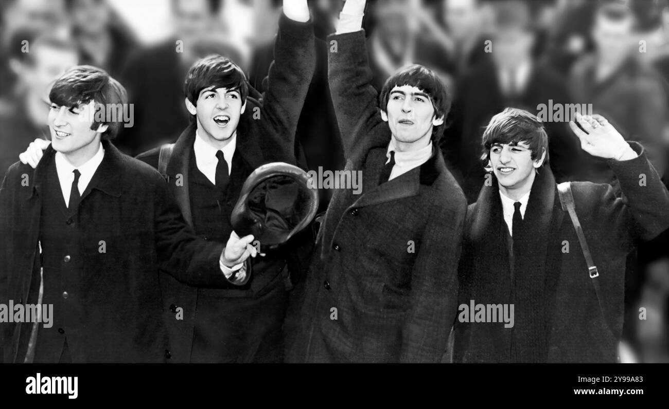 The Beatles. Portrait of the British rock group in 1964 arriving at ...