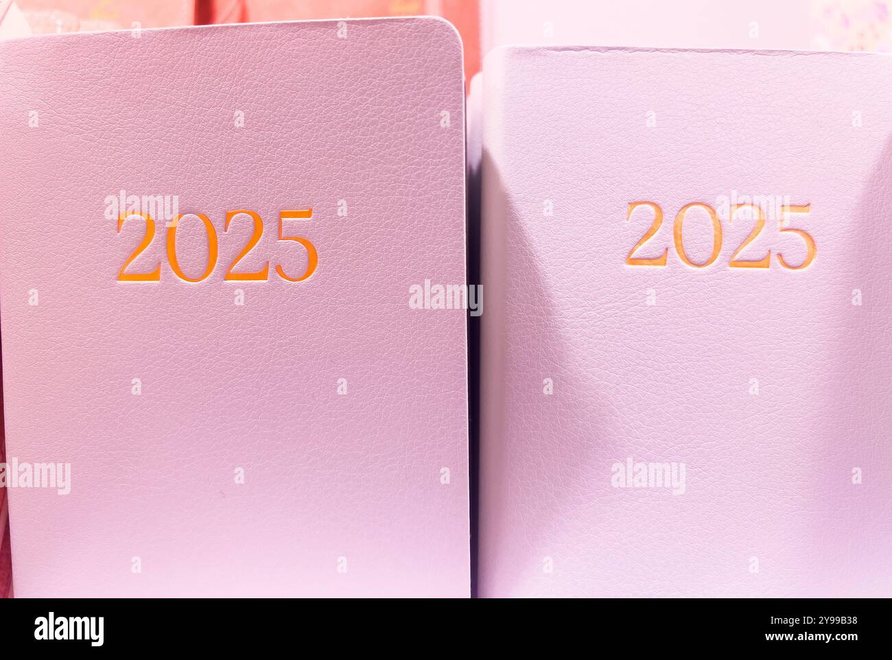 Close-up of two pink planners for the year 2025, preparation and ...