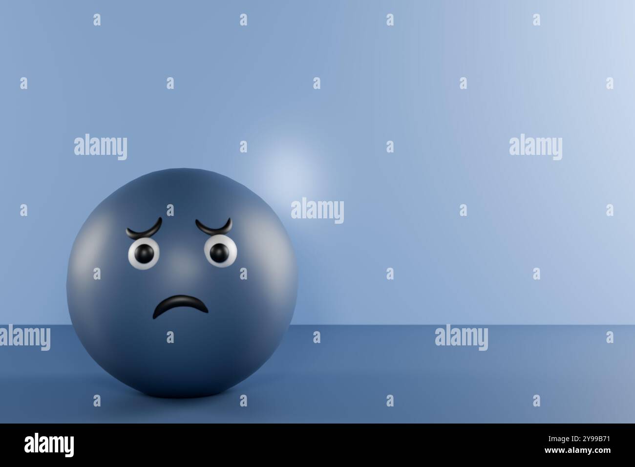 A sad blue ball character sits alone against a light blue background ...