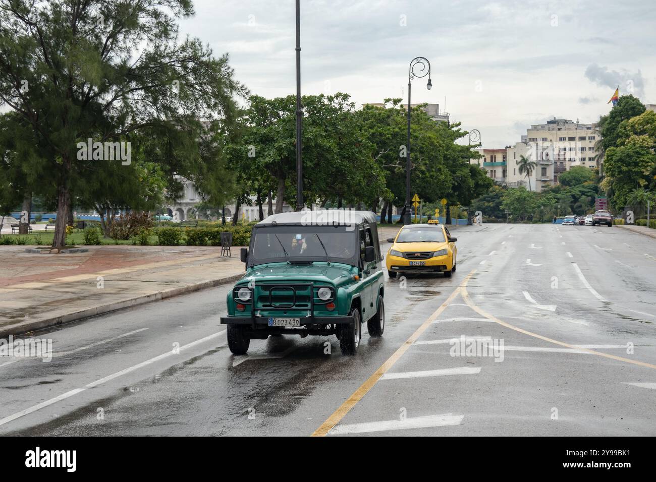 HAVANA, CUBA - AUGUST 28, 2023: Green restored UAZ-469 off-road car and ...