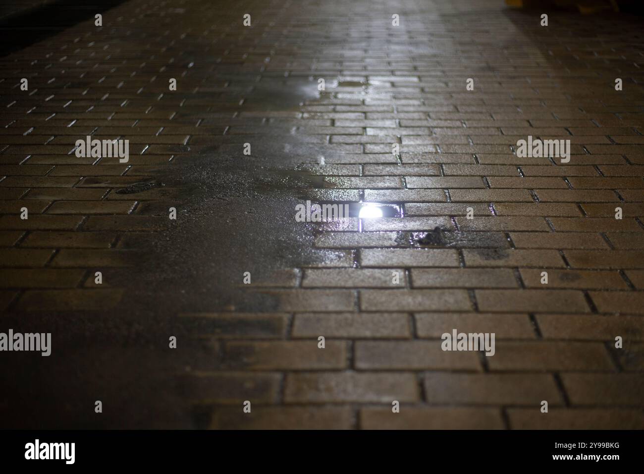 Wet floor. Tiles on the floor. Puddle in the garage. Interior details ...