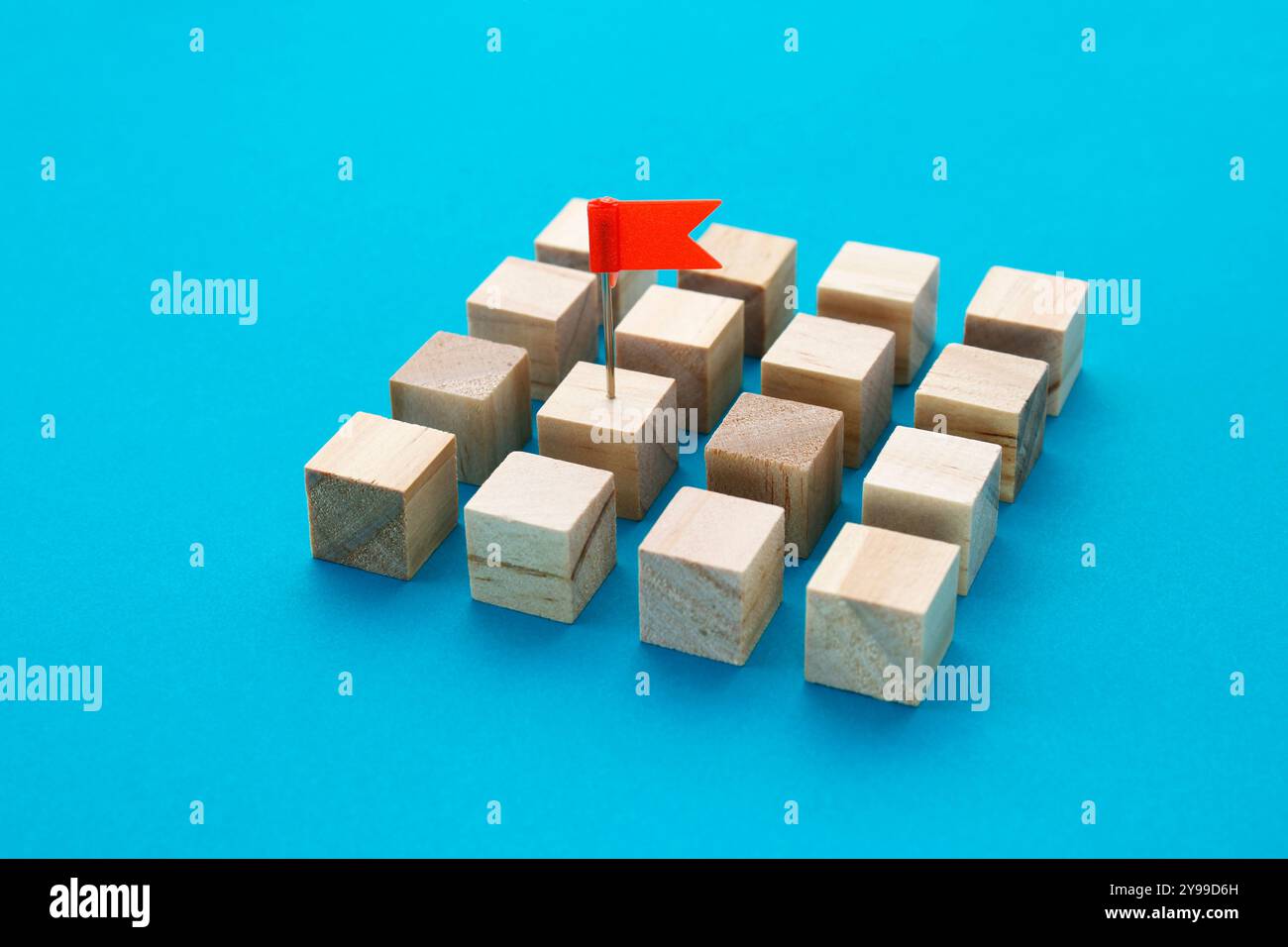Group of wooden cubes and a flag shaped thumbtack, selecting one of ...