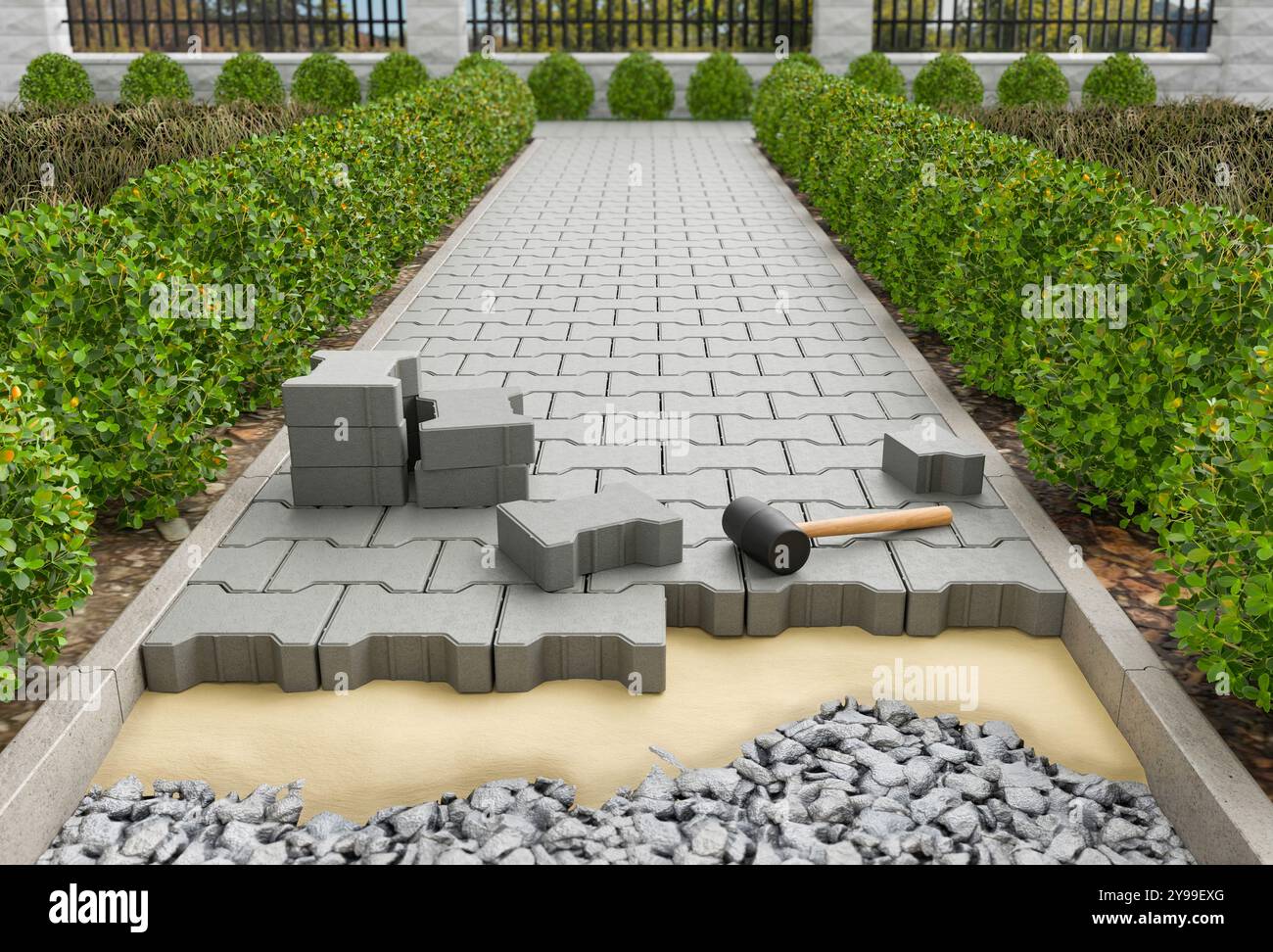 Laying of self-locking paving blocks on garden walkway - 3d rendering ...