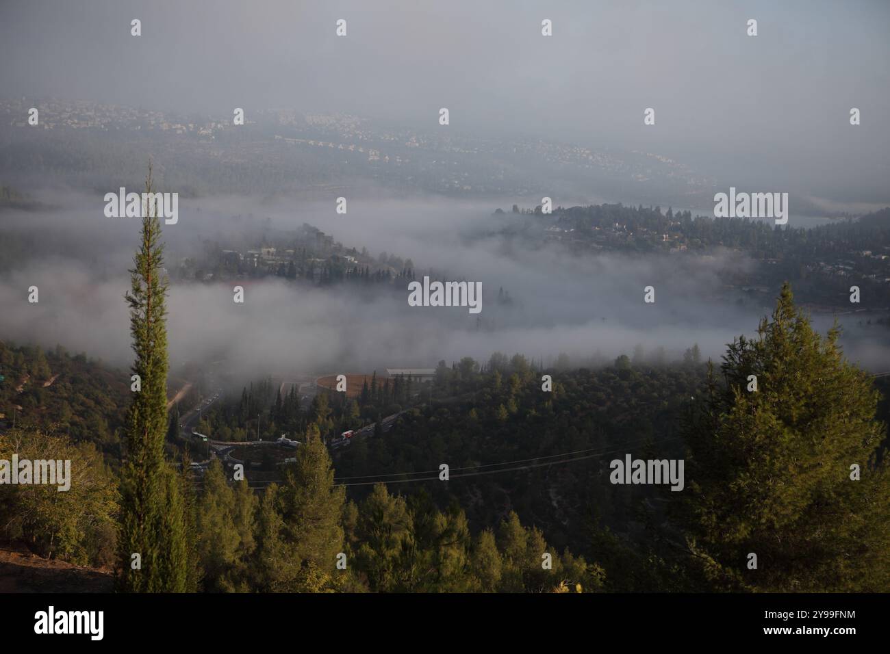 Heavy fog looking like an ocean covering Ein Karem where John the ...