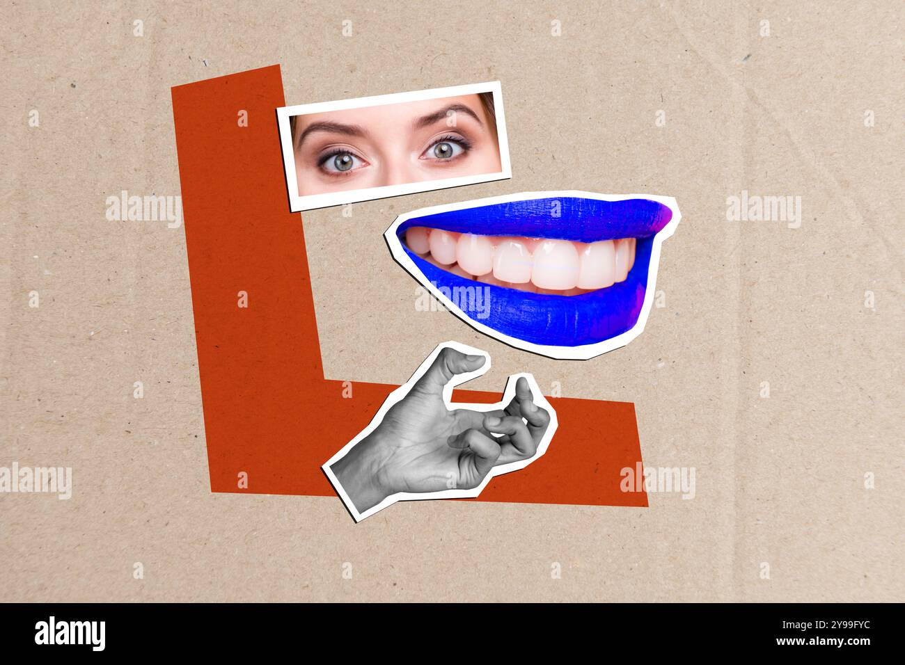Creative collage picture woman face fragments hand arm lips toothy ...