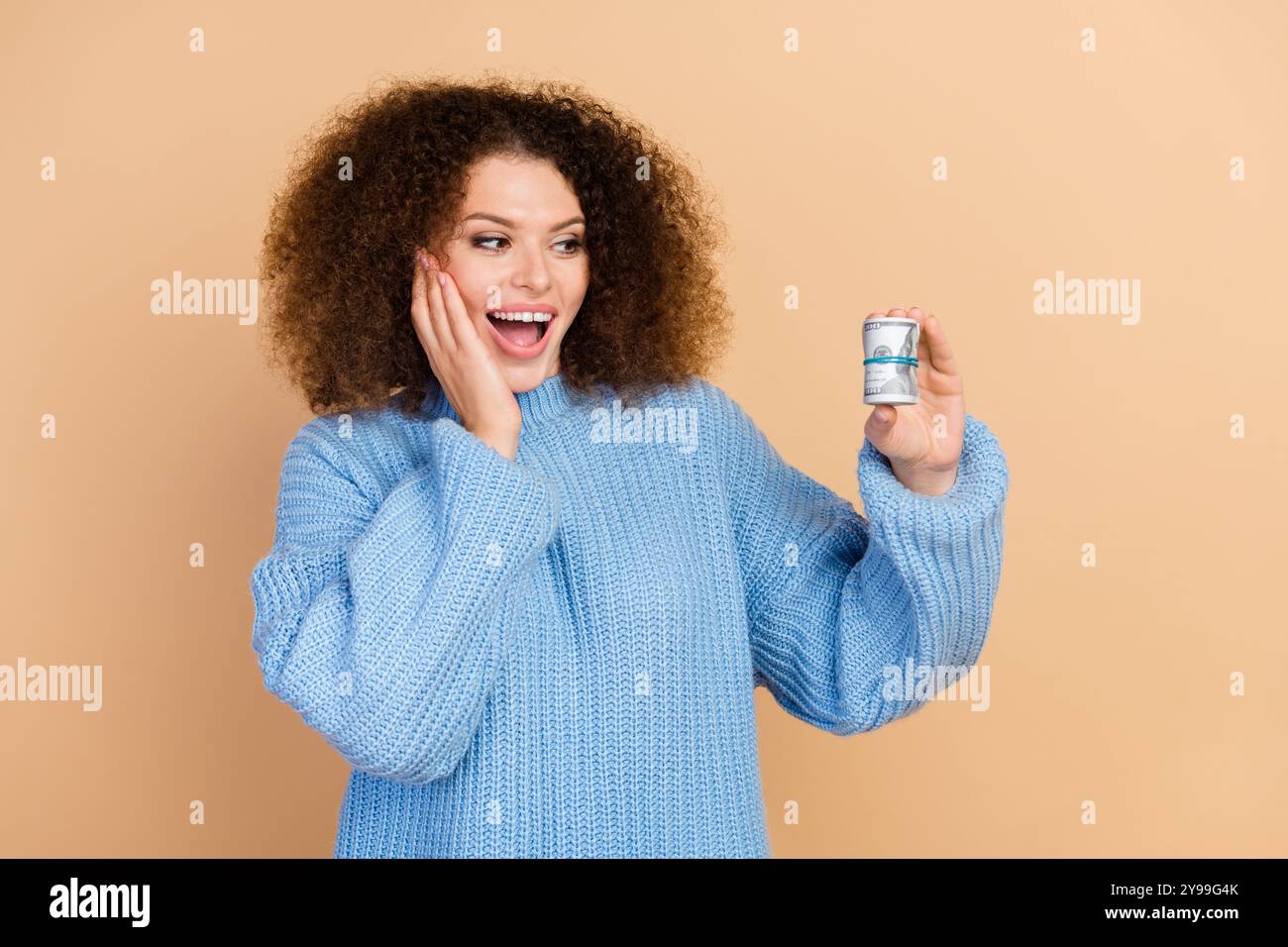 Portrait of rich hispanic business lady finally got her profit holding ...
