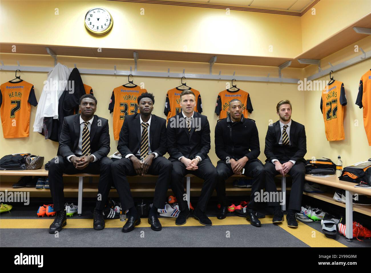 Wolves footballers watching football on television in the dressing room ...