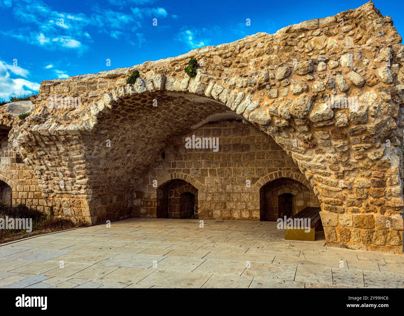 The fortification wall of the the Fortress in Akko, Israel, Middle East ...