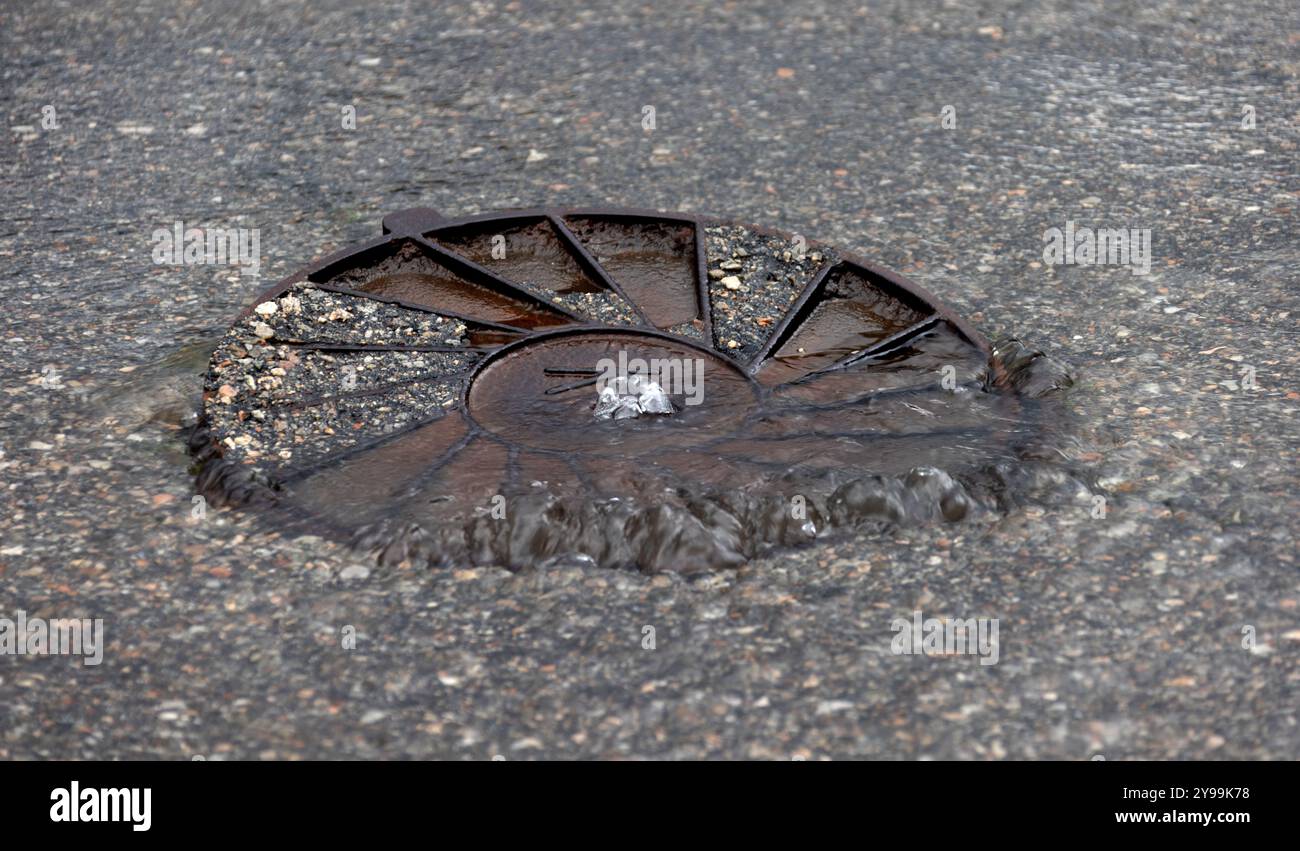 Heavy Rain Drainage System Iron Manhole Displac Flood Water Gushing ...