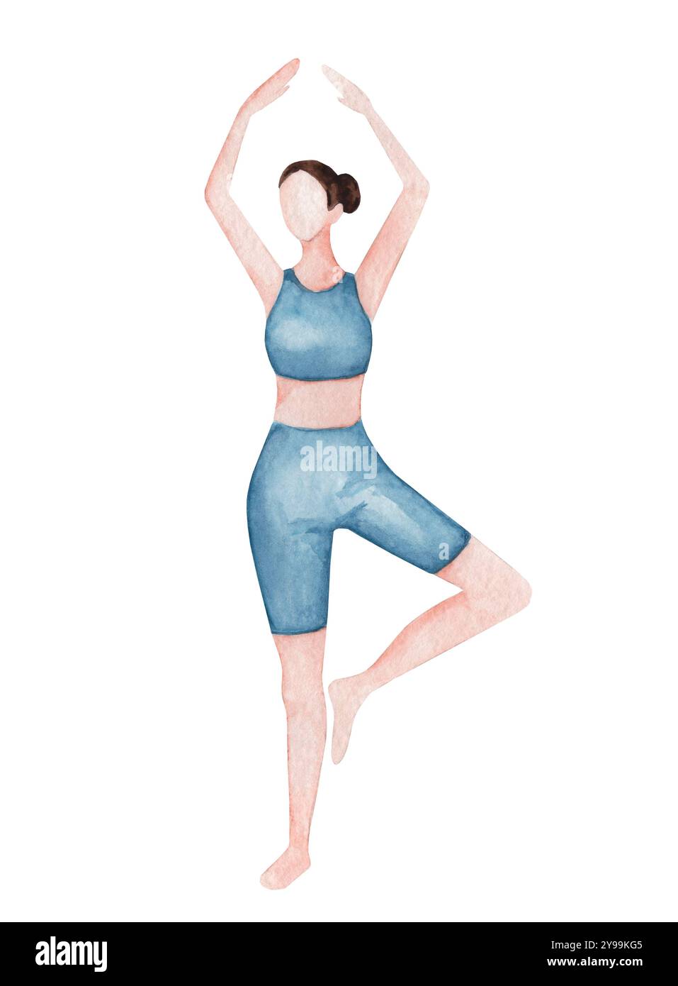 Watercolor illustration of Girl doing morning exercises. Woman in blue ...