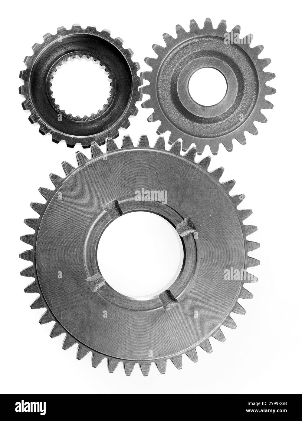 Three metal gears together on white background Stock Photo - Alamy