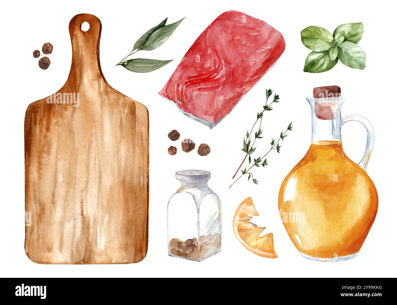 Watercolor set of illustrations with red fish, cutting board and spices ...