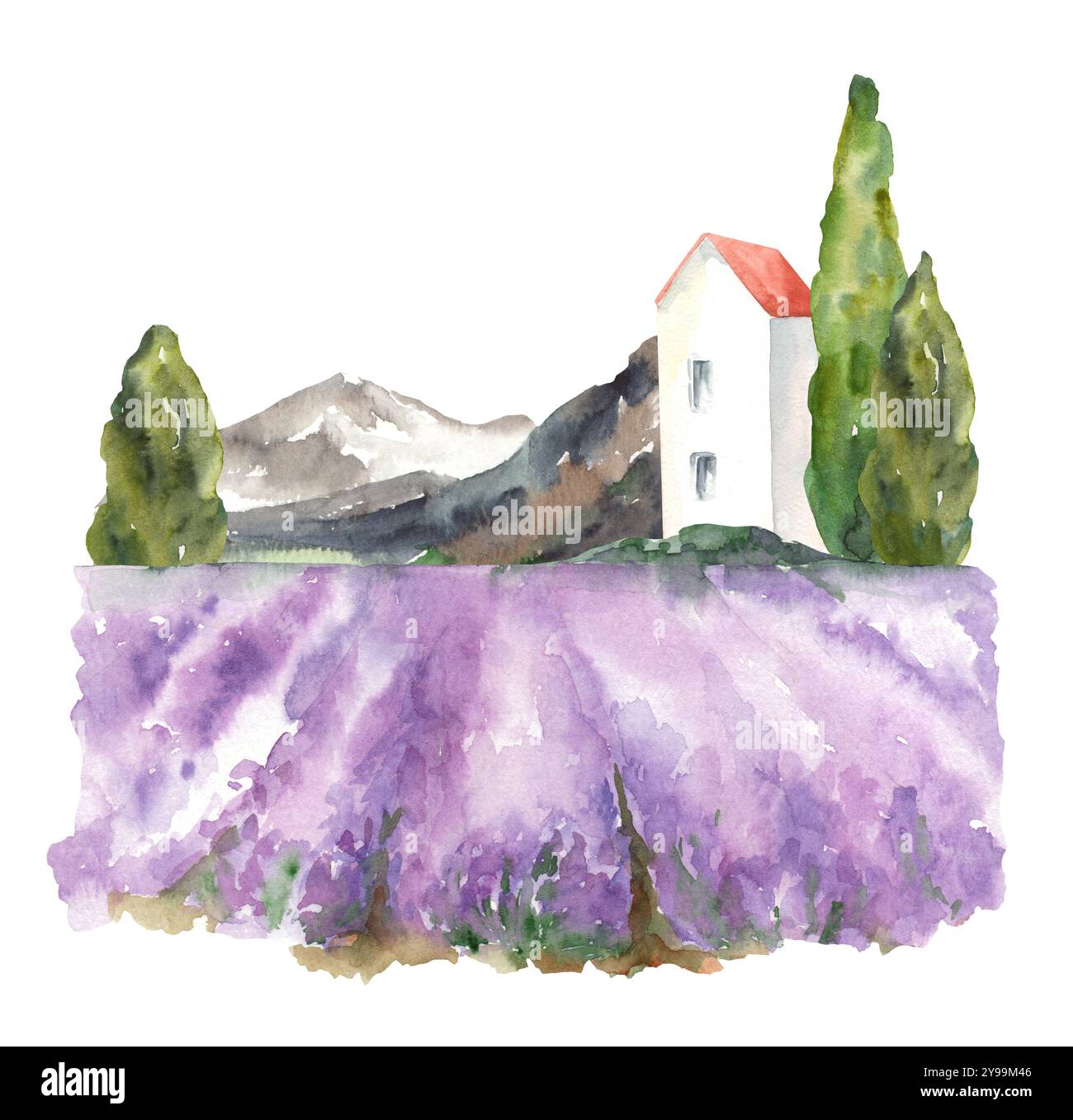 Watercolor illustration of lavender field with houses and mountain ...