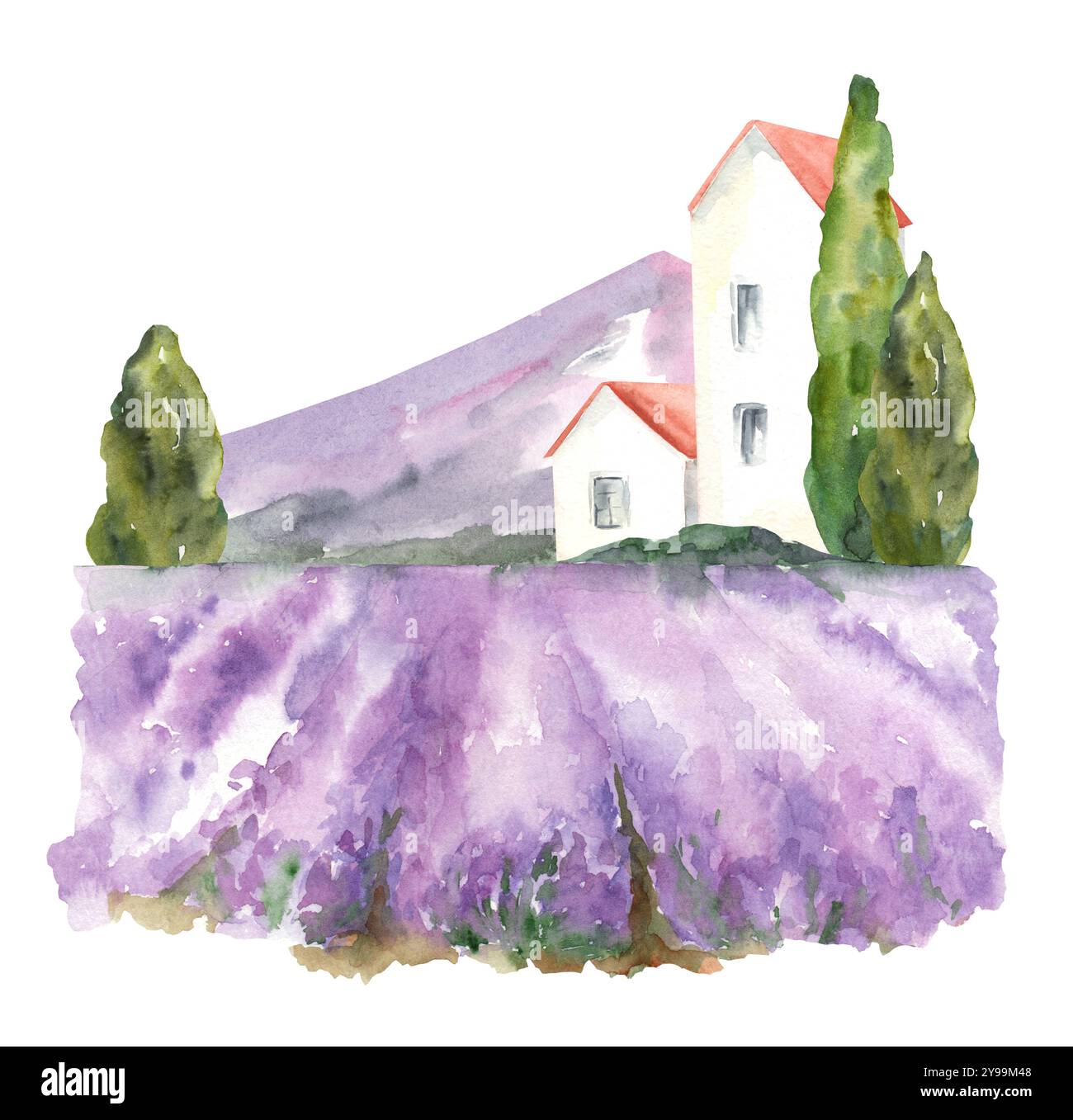 Watercolor illustration of lavender field with houses and mountain ...