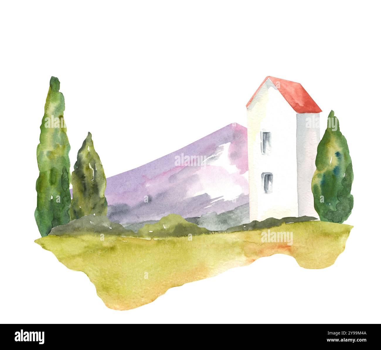 Watercolor illustration of lavender mountains and houses. Drawing of ...