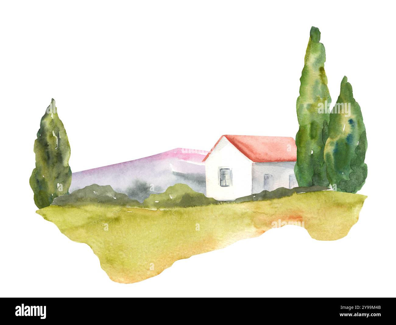 Watercolor illustration of lavender mountains and houses. Drawing of ...