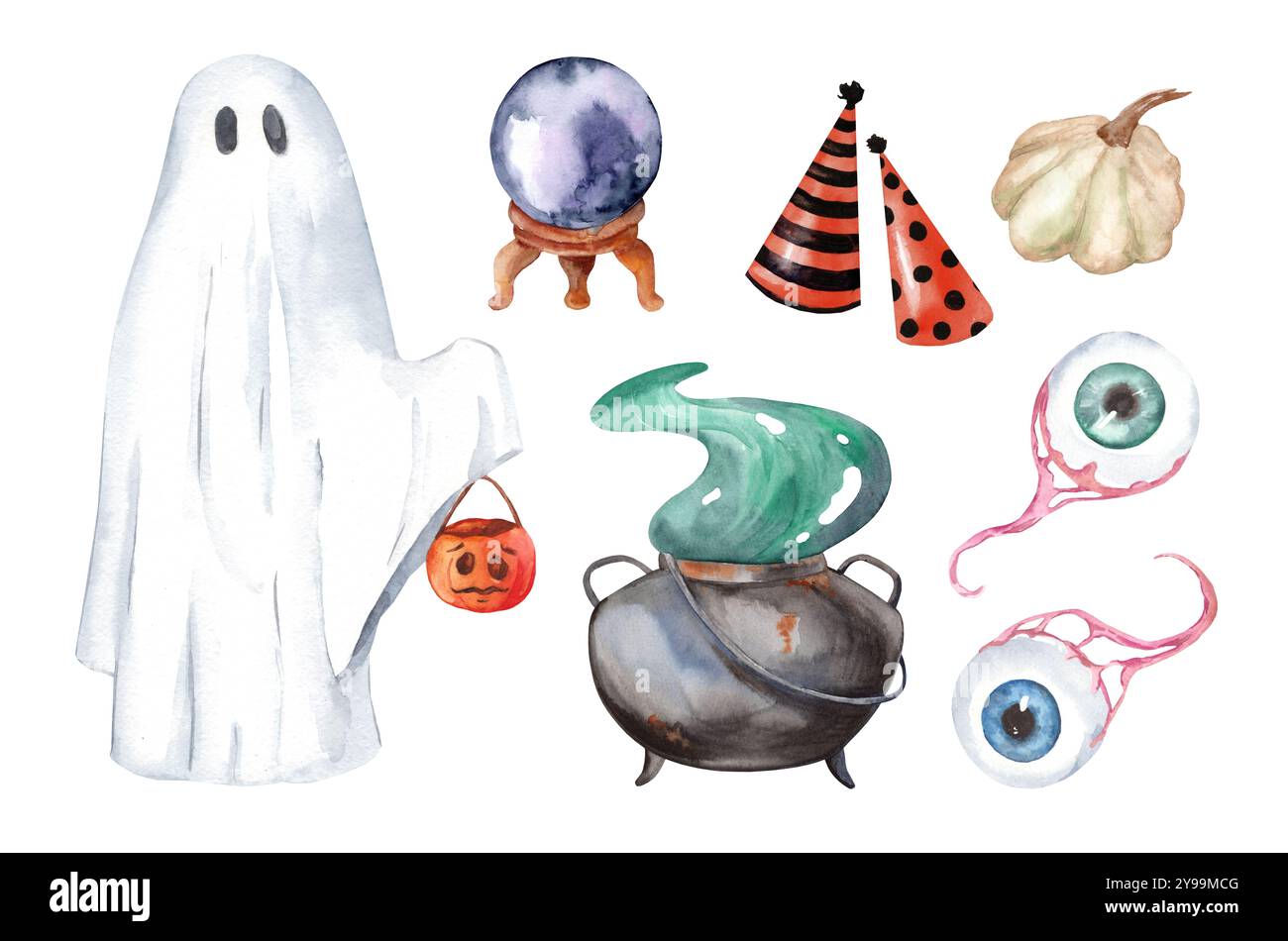 Set of watercolor Halloween illustrations. Cute ghost and magical ...