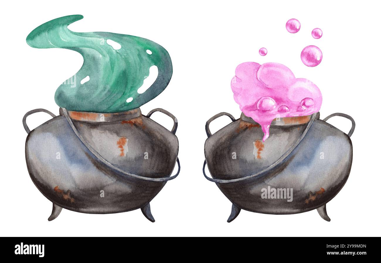 Set of watercolor magical Cauldron with green and pink steam. Hand ...