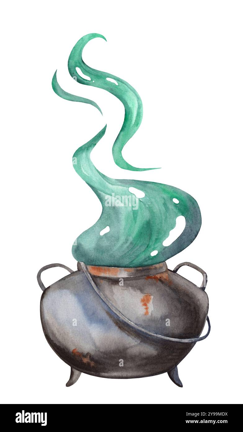 Watercolor magic cauldron with green steam. Hand-painted illustration ...
