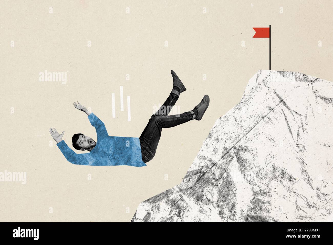 Composite photo collage of scared man fall mountain hill flagpole aim ...