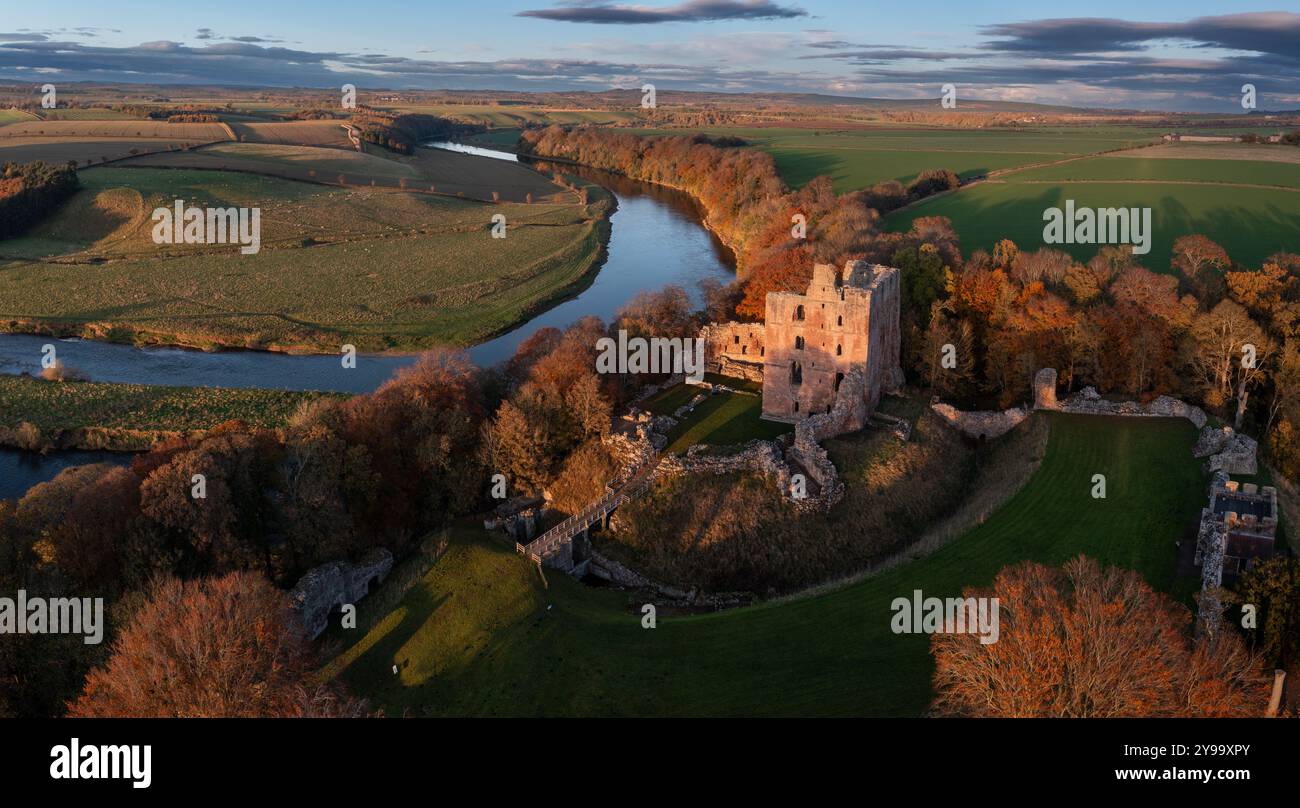 Aerial view of Norham Castle on the Scottish Border, Northumberland ...