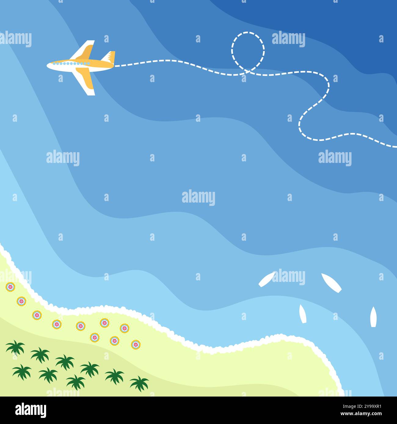 Vector Tropical beach. Travel and vacation. Airplane line path icon ...