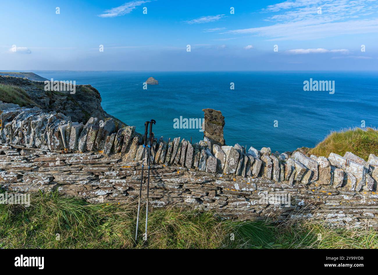 Cornish coast and gull rock seen from the South West Coast Path with ...
