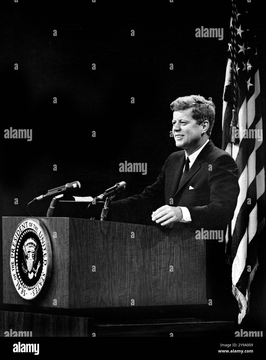 U.S. President John F. Kennedy at lectern during press conference, U.S ...