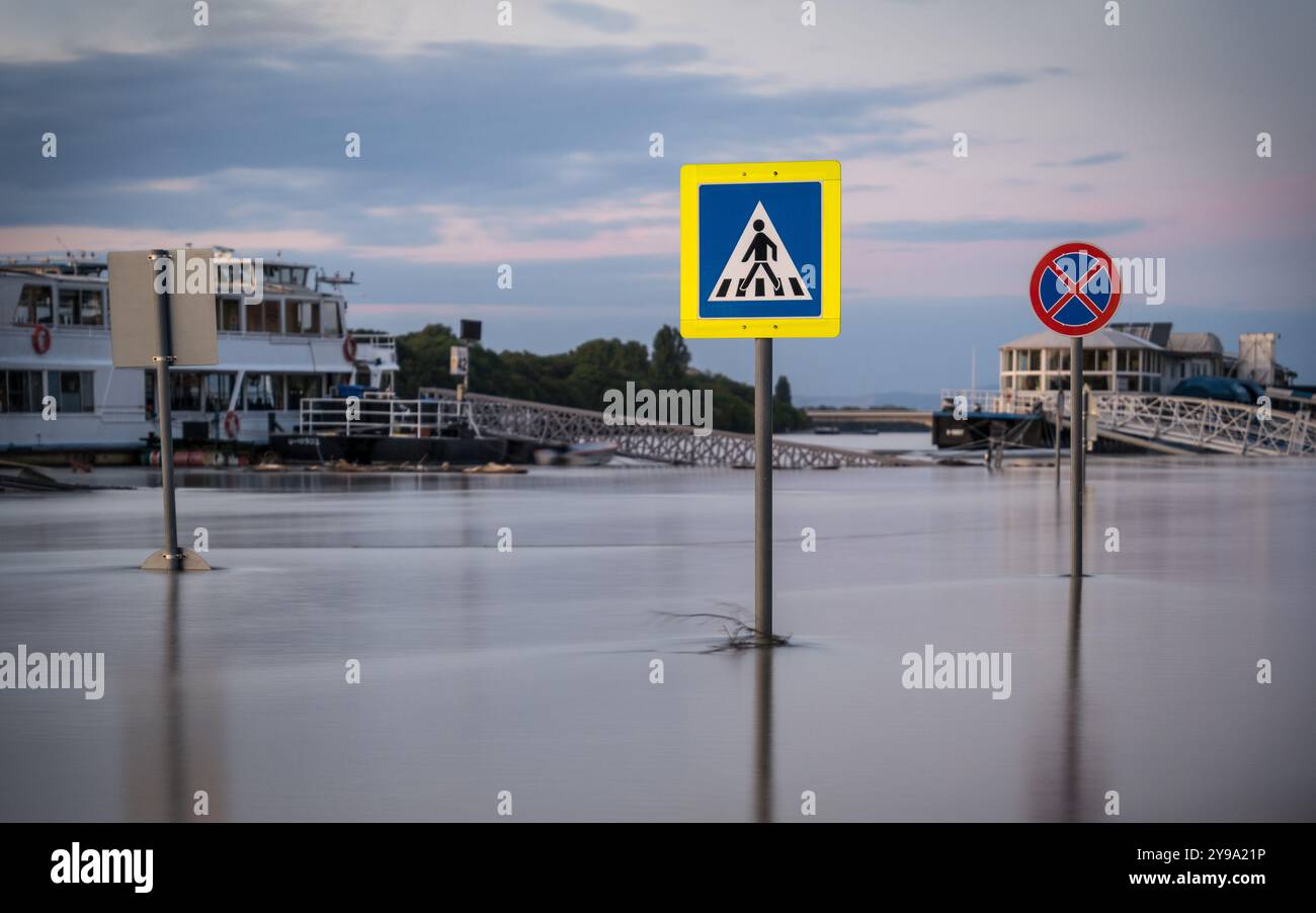 Traffic signs sticking out of the Danube river during the flood in ...