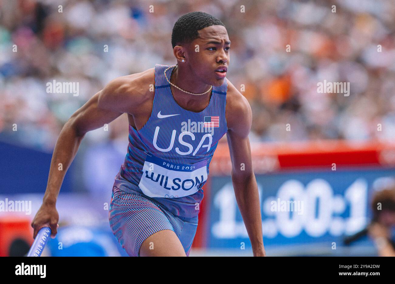 Quincy Wilson participating in the 4X400 meters relay at the Paris 2024 ...