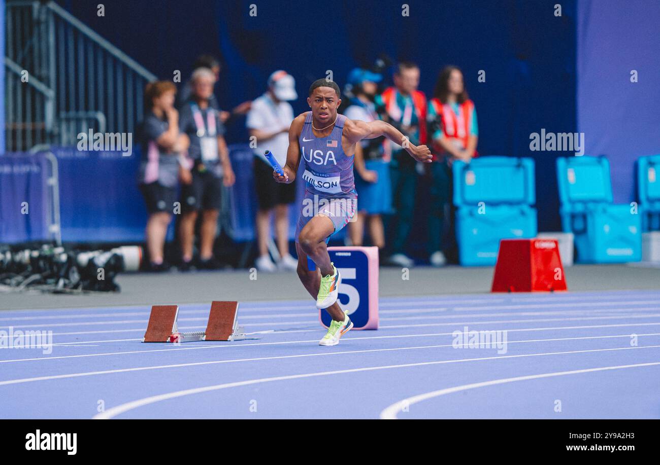 Quincy Wilson participating in the 4X400 meters relay at the Paris 2024 ...