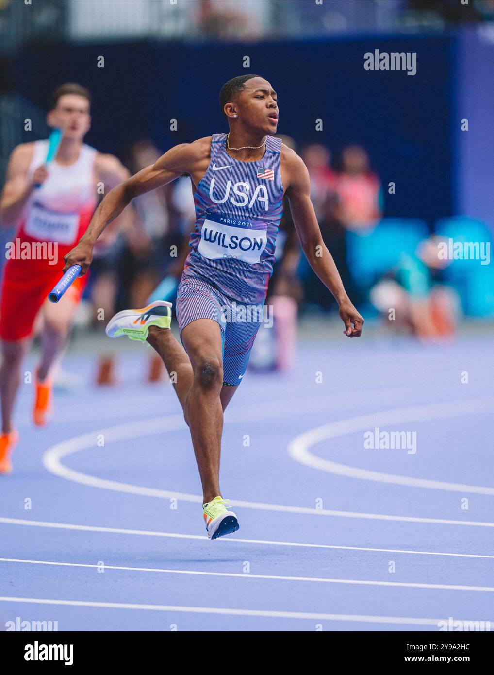 Quincy Wilson participating in the 4X400 meters relay at the Paris 2024 ...