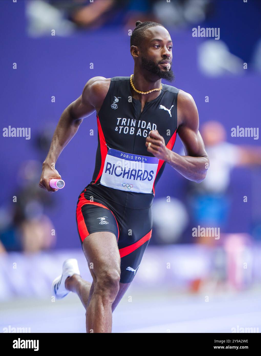 Jereem Richards participating in the 4X400 meters relay at the Paris ...