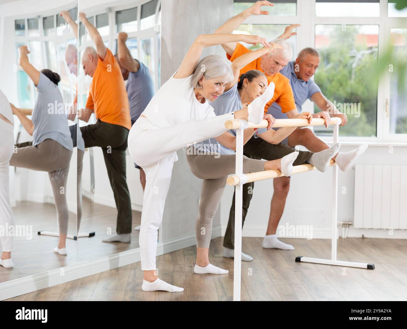 Ballet pose grand batman - elderly women and men at choreography lesson ...