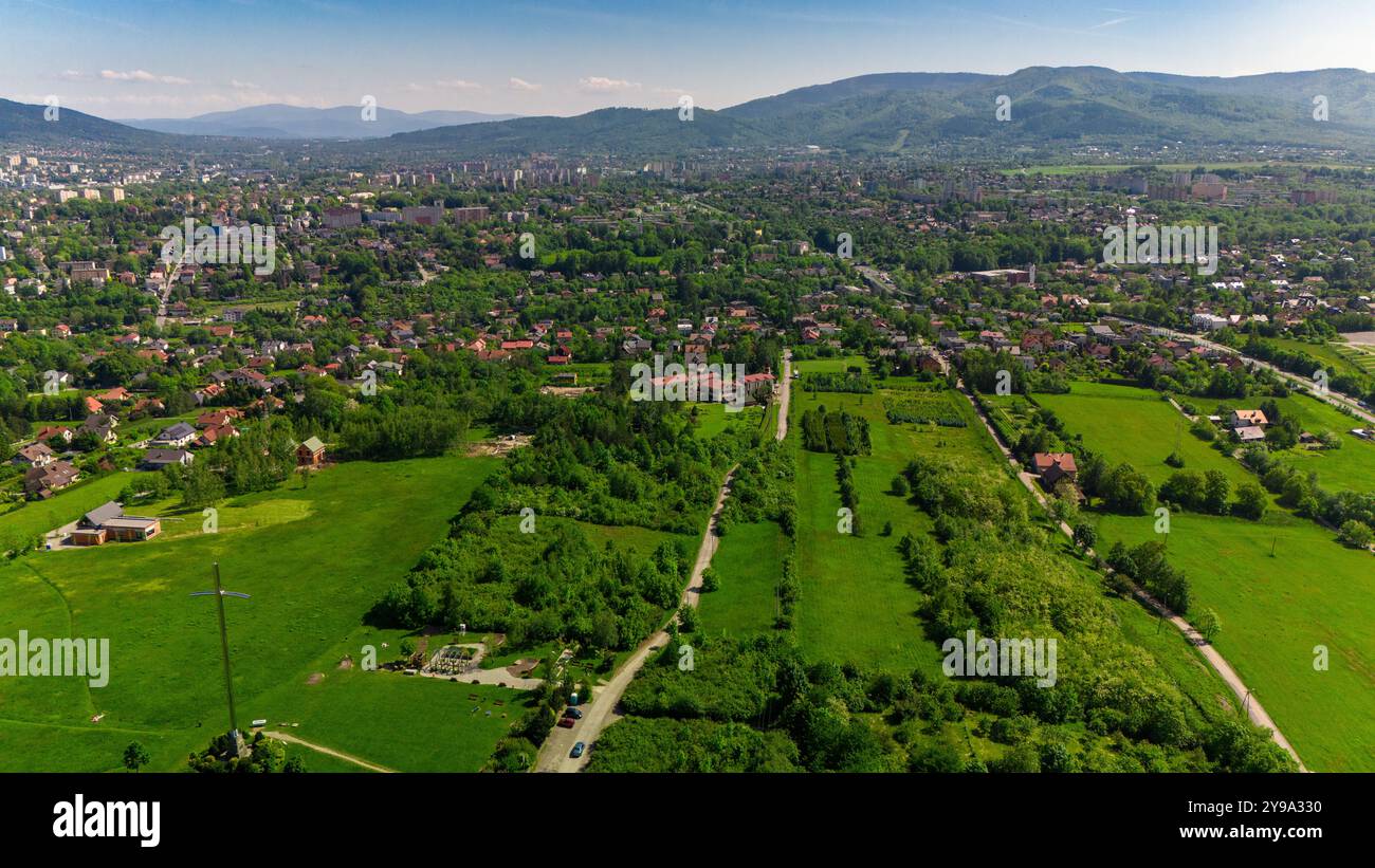 Aerial View of Bielsko-Biała, Poland with Monument and Lush Greenery ...