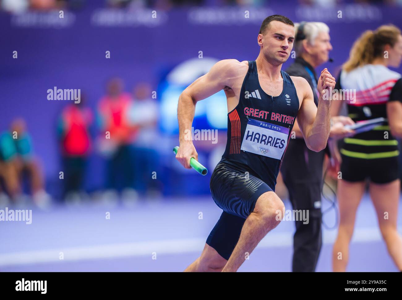 Toby Harries participating in the 4X400 meters relay at the Paris 2024 ...