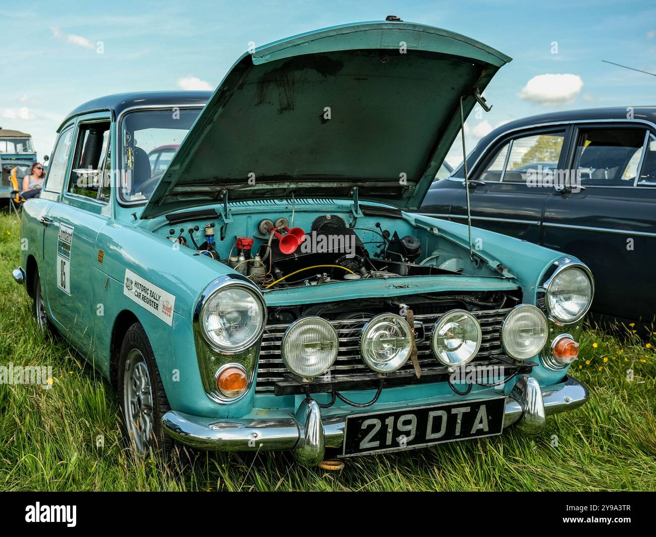 May 2022 - Bonnet up on a Austin A40 Ferina rally car on display at a ...