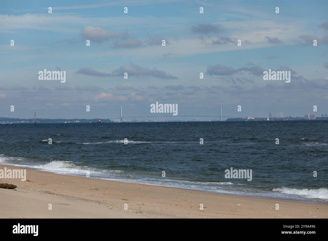 A view of the Verrazzano-Narrows Bridge from Sandy Hook, New Jersey ...