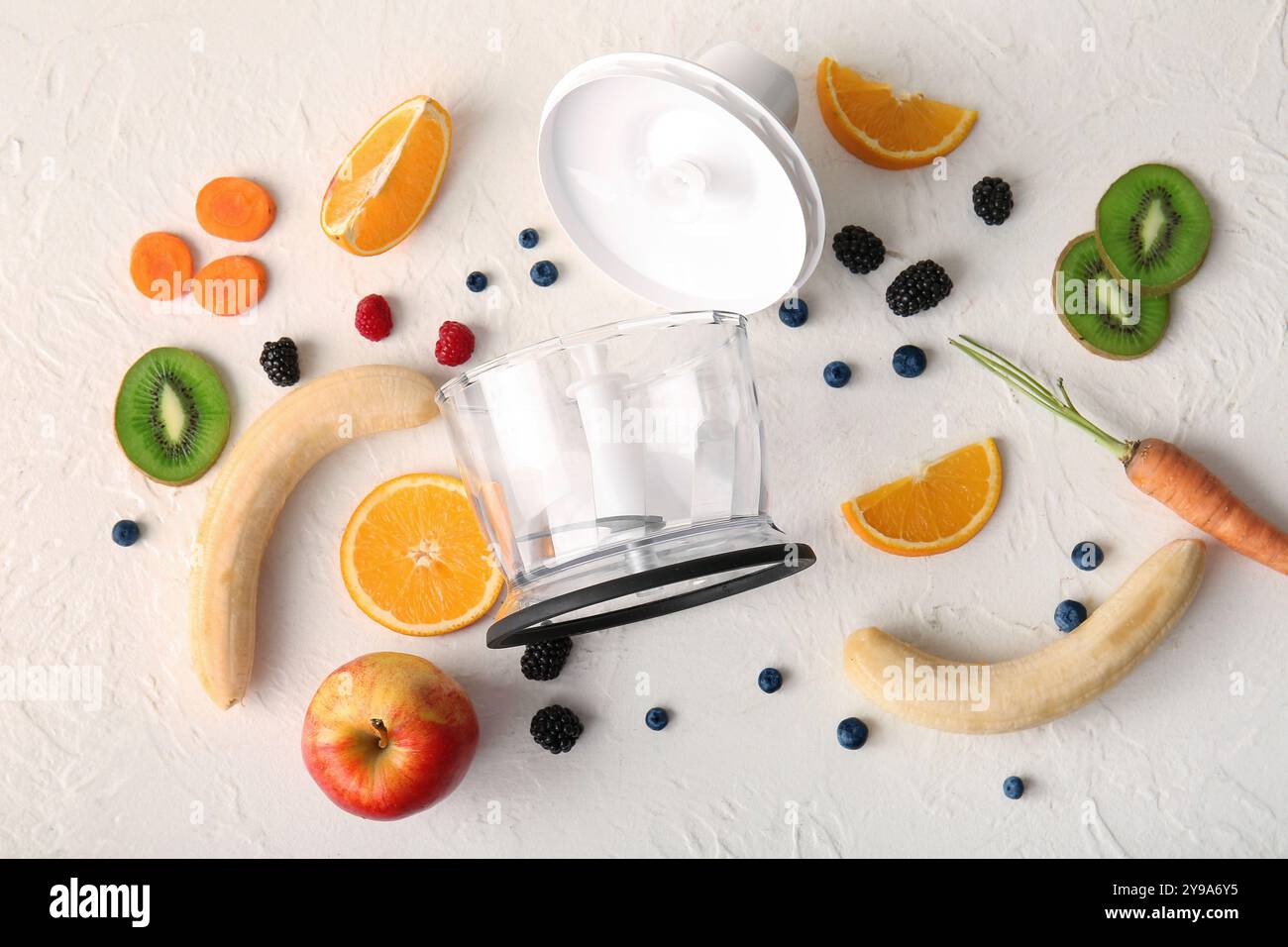 Modern blender with berries and fruits on white background Stock Photo ...