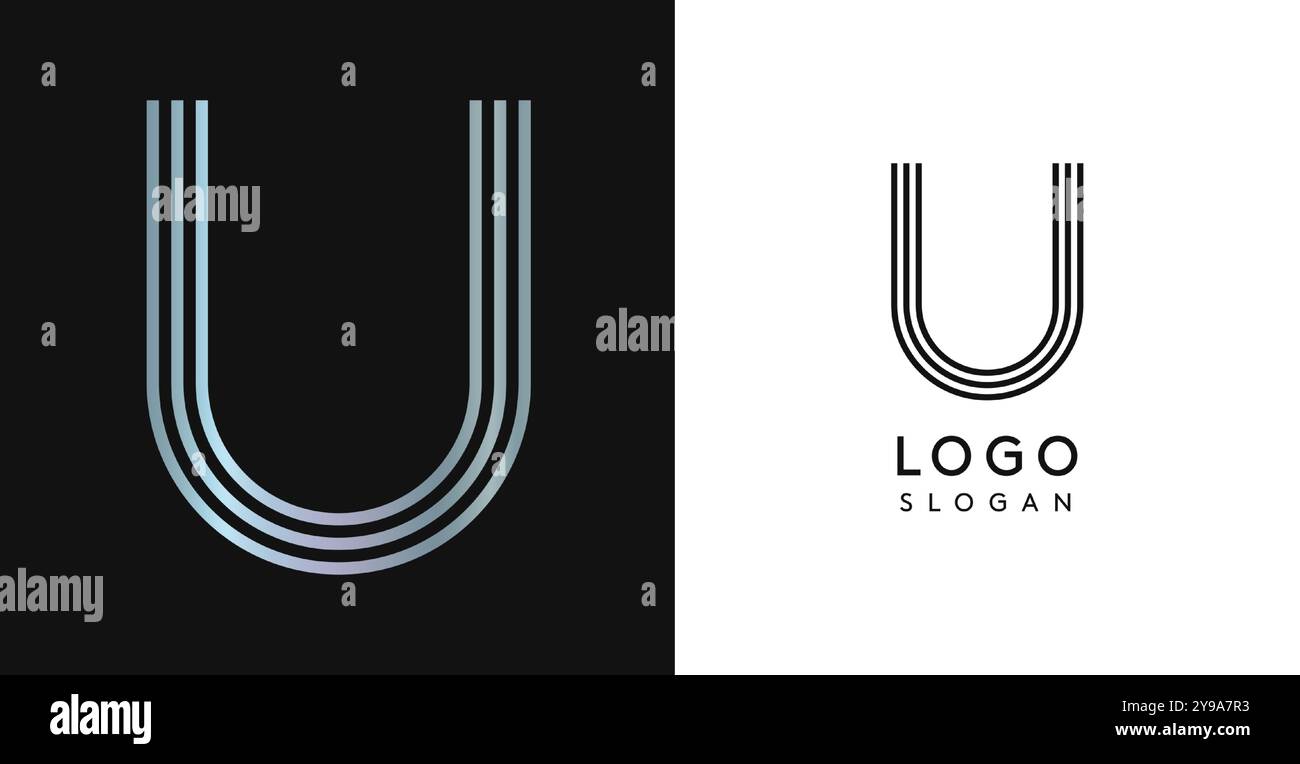 Minimalistic striped letter U, three lines monogram, shiny luxurious ...