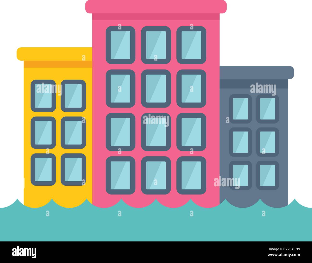 Colorful city buildings are submerged by rising flood water ...